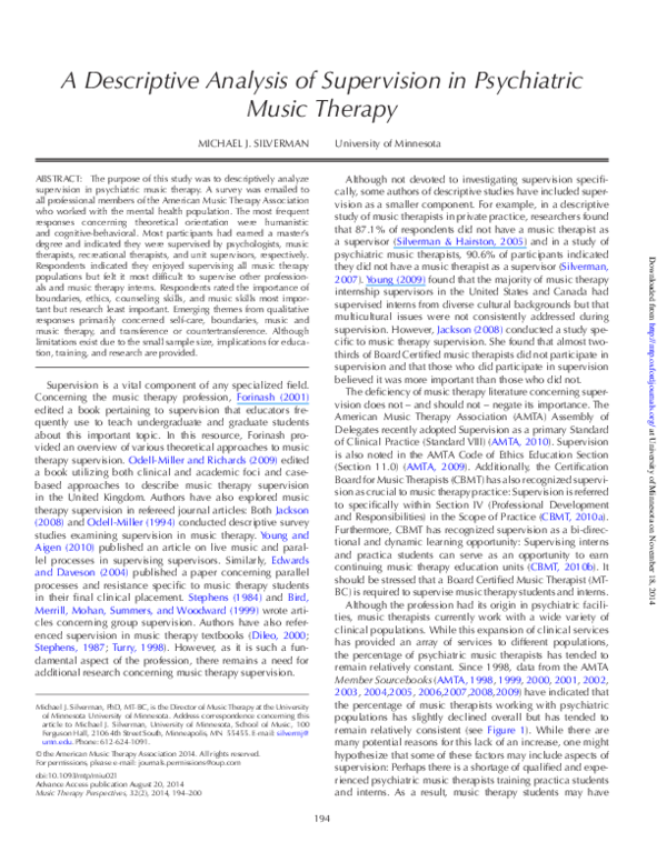 (PDF) A Descriptive Analysis of Supervision in Psychiatric Music Therapy