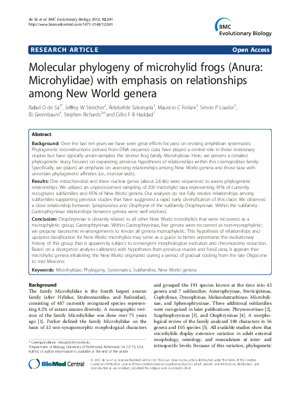 (PDF) Molecular phylogeny of microhylid frogs (Anura: Microhylidae ...