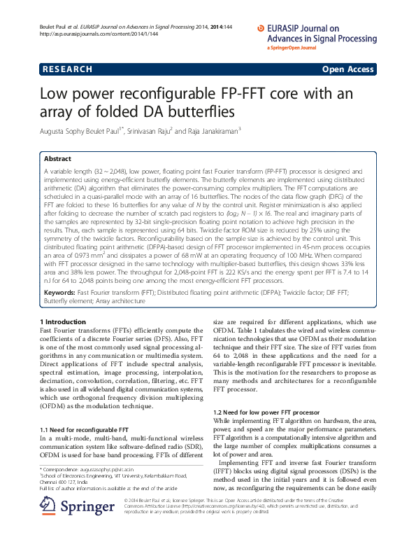 Pdf Low Power Reconfigurable Fp Fft Core With An Array Of Folded Da