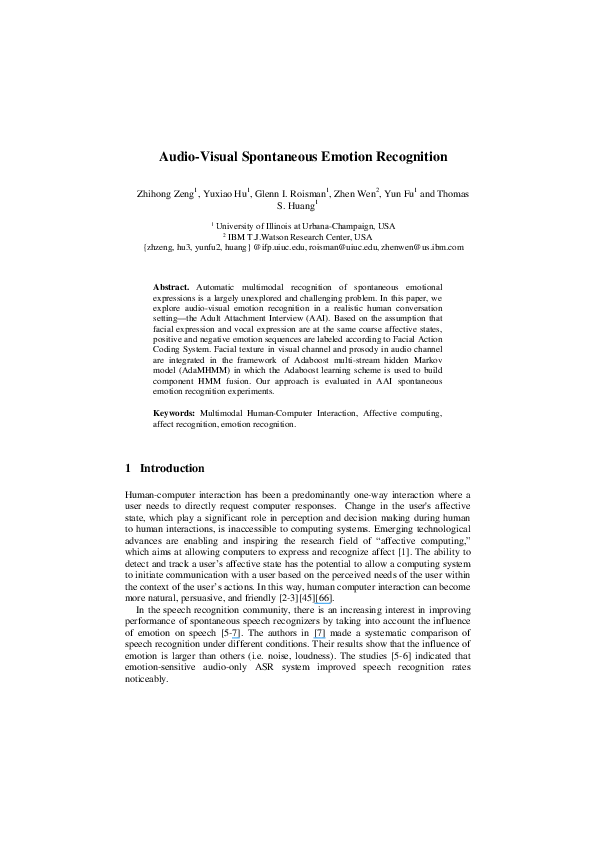 (PDF) Audio-visual spontaneous emotion recognition