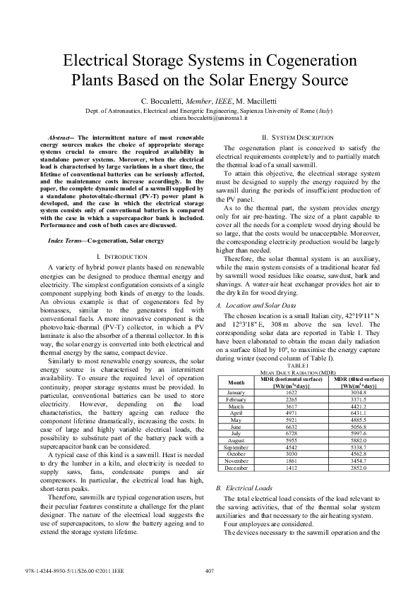 (PDF) Electrical storage systems in cogeneration plants based on the solar energy source