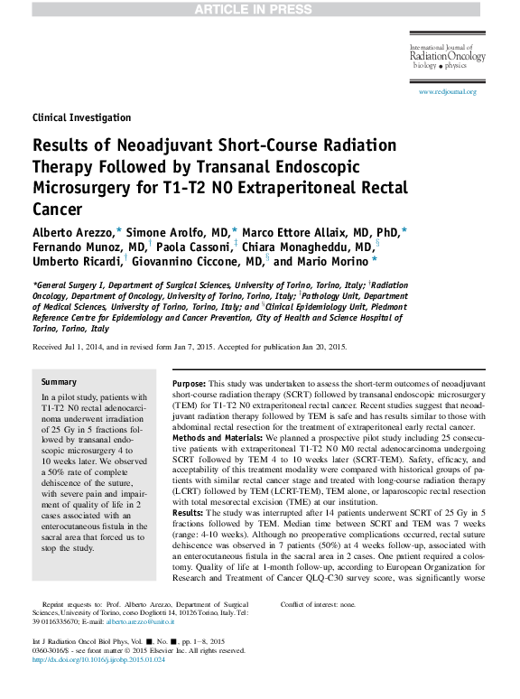 (PDF) Results of Neoadjuvant Short-Course Radiation Therapy Followed by Transanal Endoscopic ...