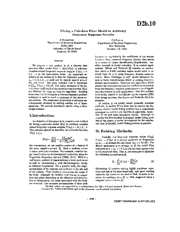 (PDF) Fitting a pole-zero filter model to arbitrary frequency response ...