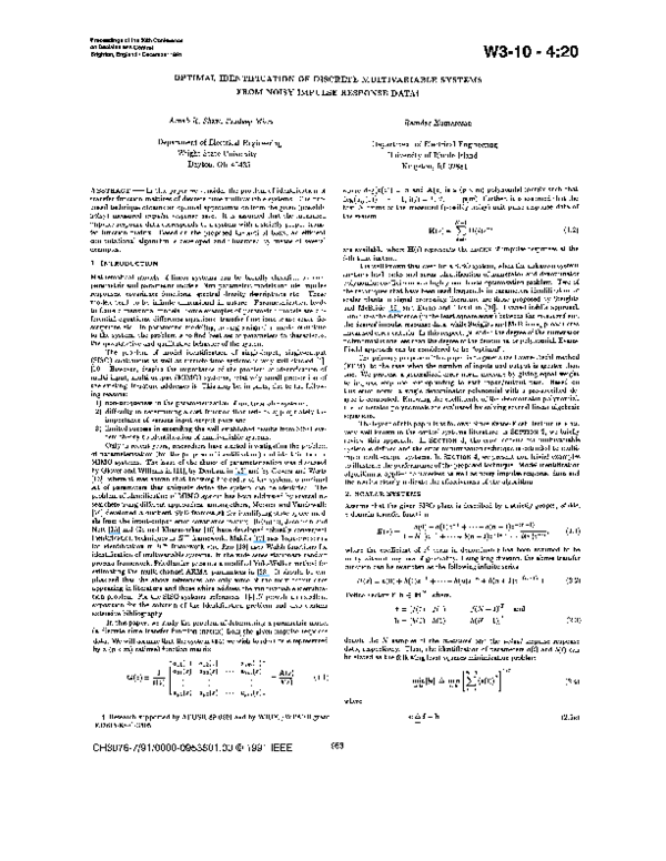 Pdf Optimal Identification Of Discrete Multivariable Systems From Noisy Impulse Response Data