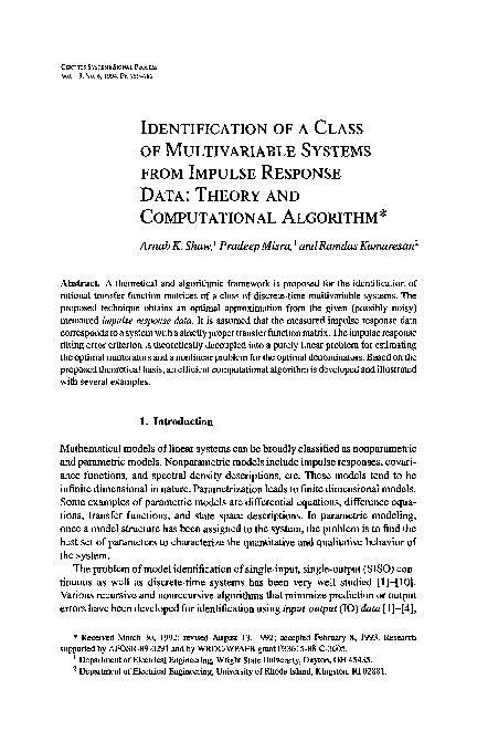 Pdf Identification Of A Class Of Multivariable Systems From Impulse Response Data Theory And