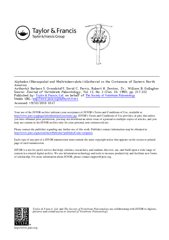 (PDF) Alphadon (Marsupialia) and Multituberculata (Allotheria) in the ...