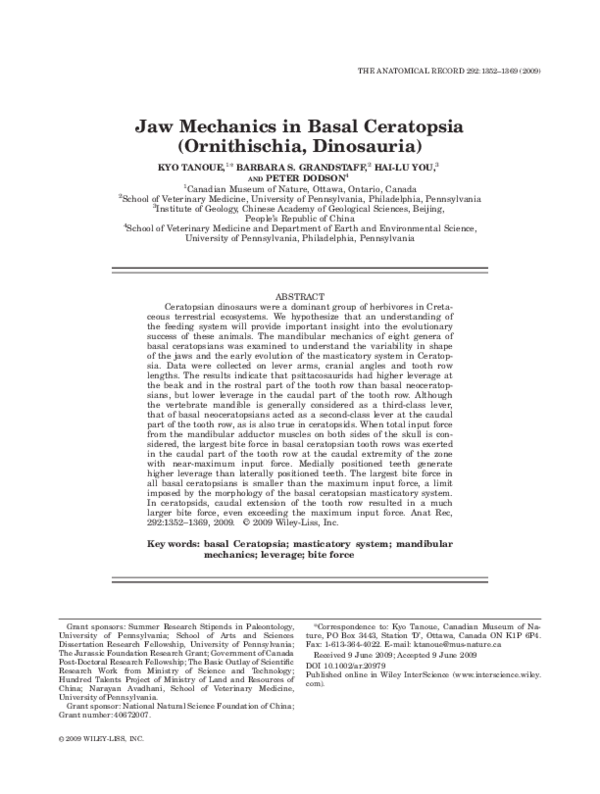 (PDF) Jaw Mechanics in Basal Ceratopsia (Ornithischia, Dinosauria)