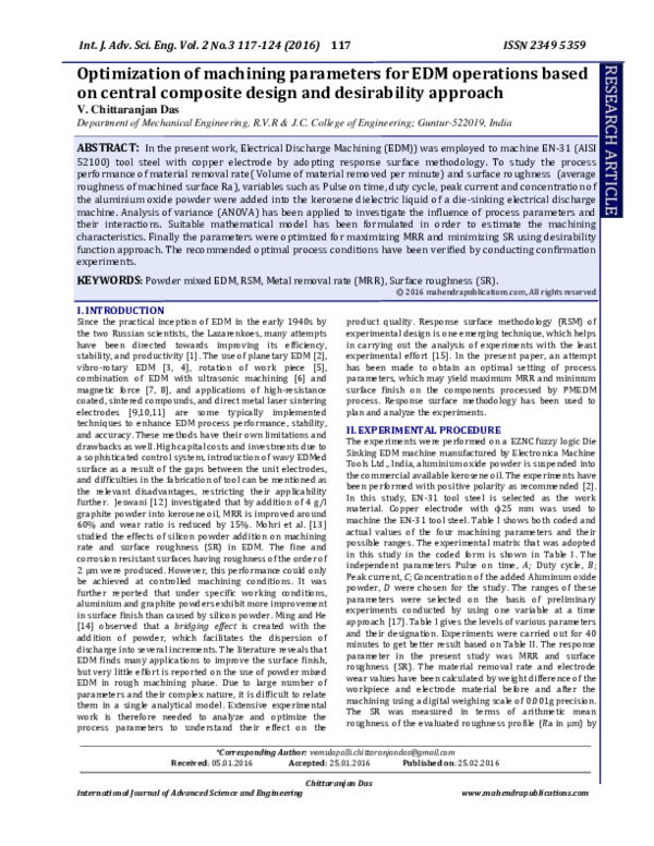 Pdf Optimization Of Machining Parameters For Edm Operations Based On