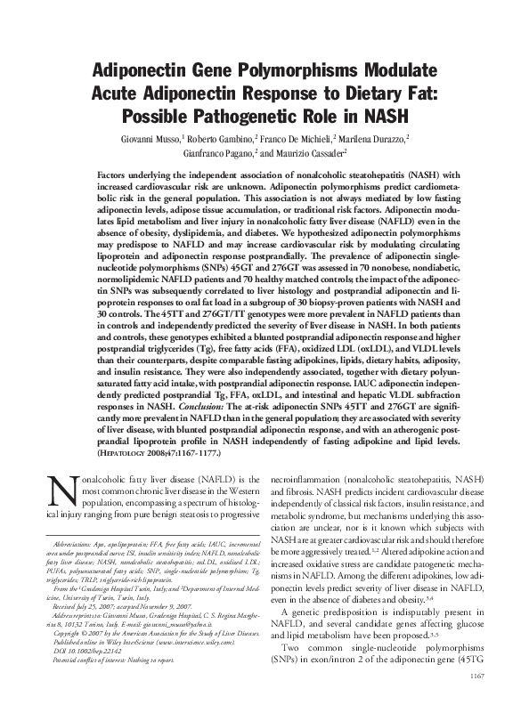 (PDF) Adiponectin gene polymorphisms modulate acute adiponectin response to dietary