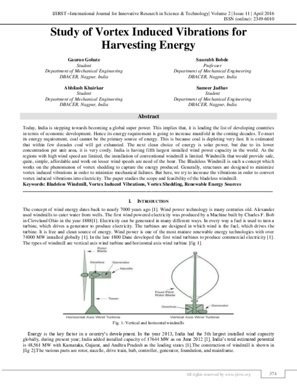 (PDF) Study of Vortex Induced Vibrations for Harvesting Energy
