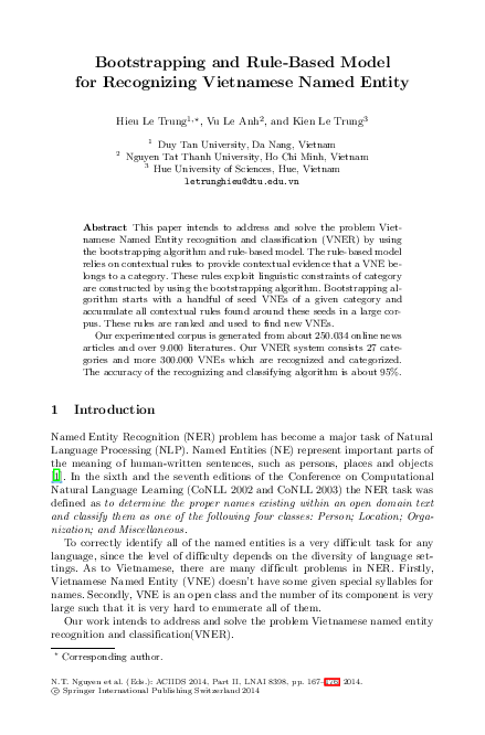 (PDF) Bootstrapping and Rule-Based Model for Recognizing Vietnamese Named Entity | Kiên Trung ...