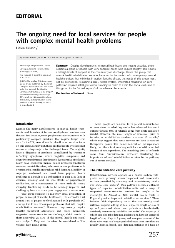 (PDF) The ongoing need for local services for people with complex ...