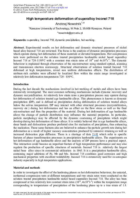 (PDF) High Temperature Deformation of Superalloy Inconel 718