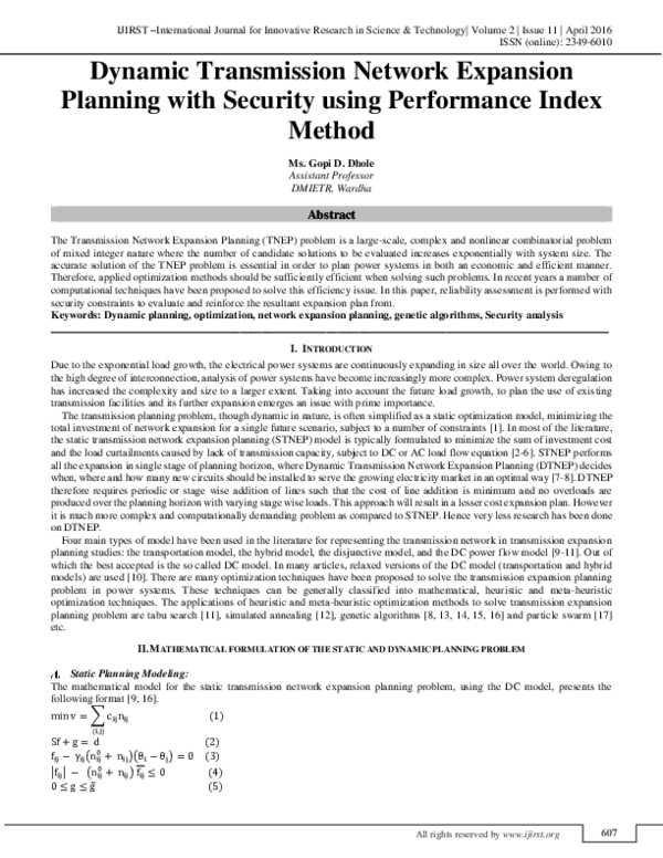 (PDF) Dynamic Transmission Network Expansion Planning with Security using Performance Index Method
