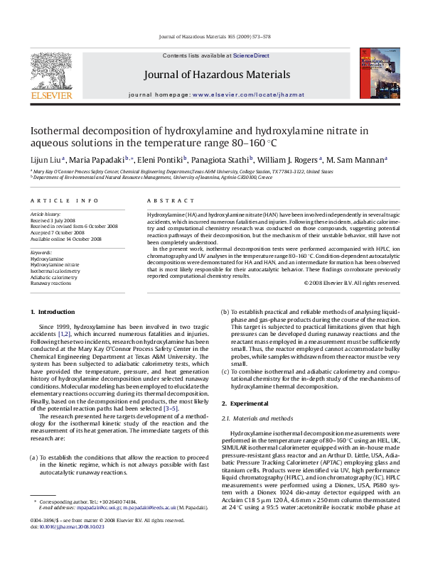 (PDF) Isothermal decomposition of hydroxylamine and hydroxylamine ...
