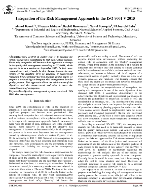 (PDF) Integration of the Risk Management Approach in the ISO 9001 V 2015