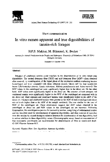 (PDF) In vitro rumen apparent and true digestibilities of tannin-rich ...