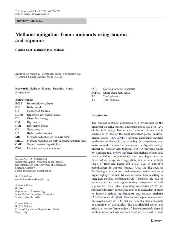 (PDF) Methane mitigation from ruminants using tannins and saponins