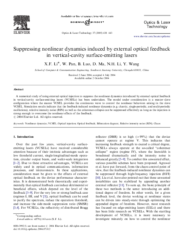Pdf Suppressing Nonlinear Dynamics Induced By External Optical Feedback In Vertical Cavity