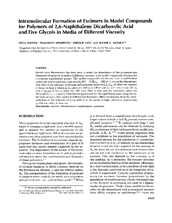 (PDF) Intramolecular formation of excimers in model compounds for ...