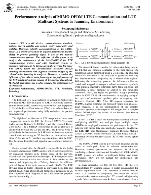 Pdf Performance Analysis Of Mimo Ofdm Lte Communication And Lte Multicast Systems In Jamming
