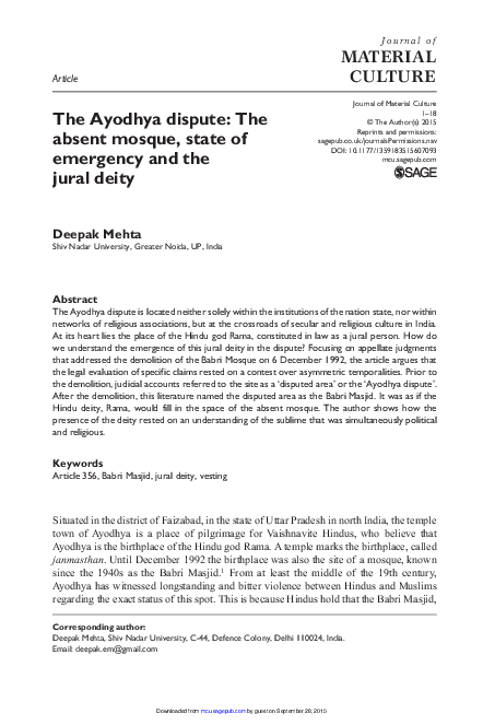 (PDF) The Ayodhya dispute: The absent mosque, state of emergency and the jural deity