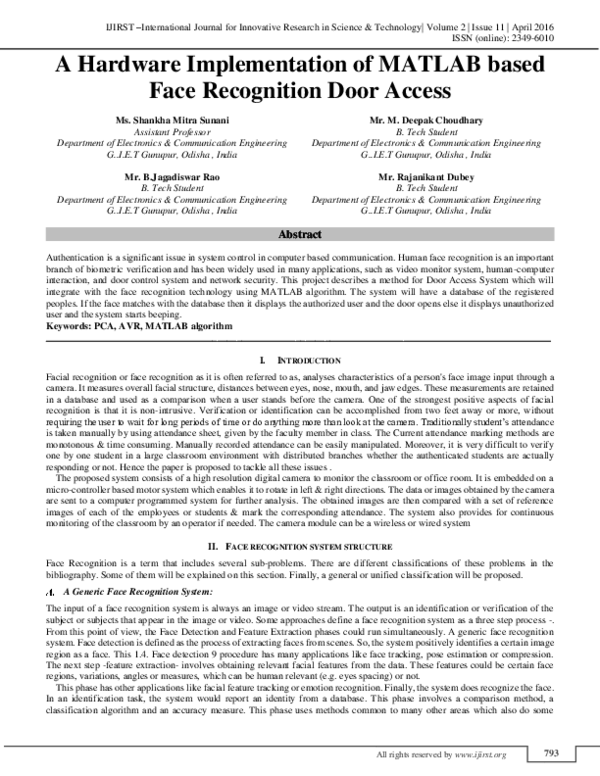 Pdf A Hardware Implementation Of Matlab Based Face Recognition Door Access
