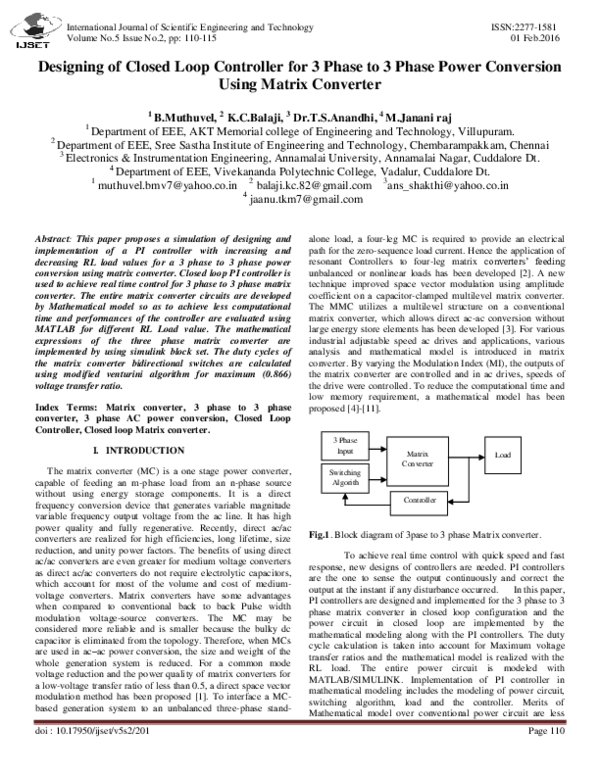 Pdf Designing Of Closed Loop Controller For 3 Phase To 3 Phase Power Conversion Using Matrix