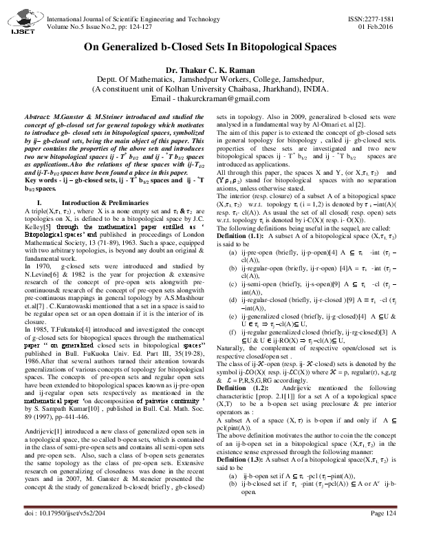 Pdf On Generalized B Closed Sets In Bitopological Spaces