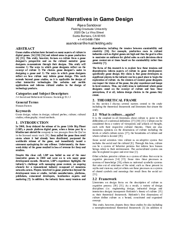 (PDF) Cultural Narratives in Game Design
