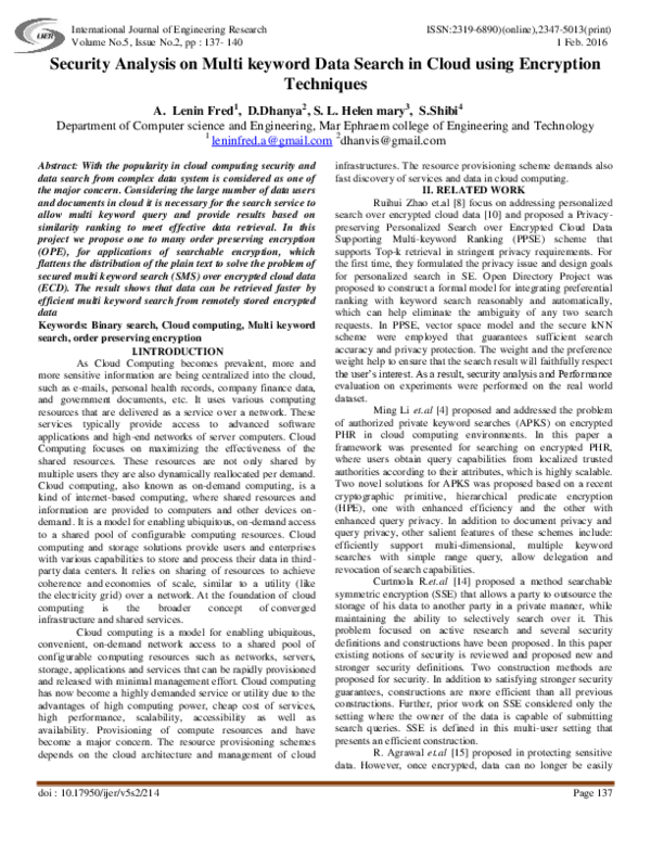 (PDF) Security Analysis on Multi keyword Data Search in Cloud using Encryption Techniques
