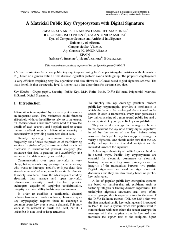 (PDF) A matricial public key cryptosystem with digital signature