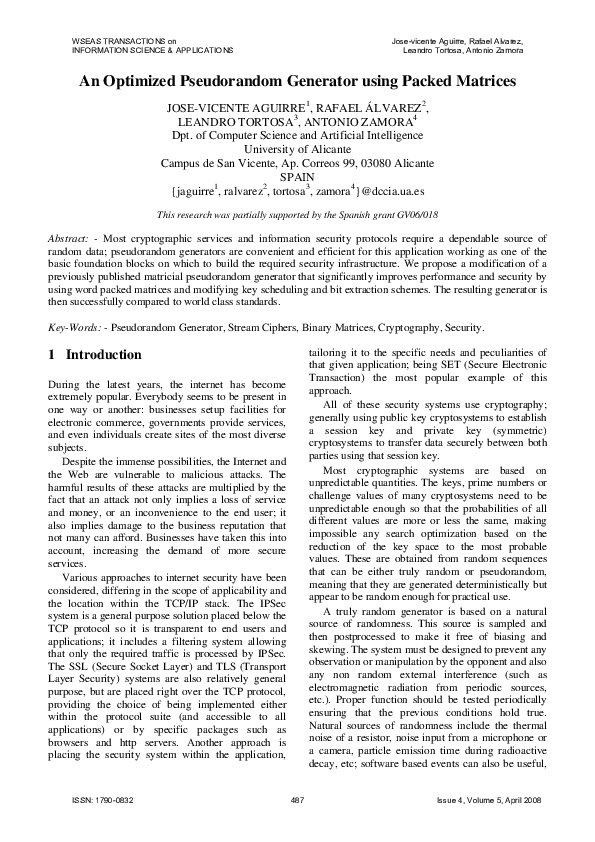 Pdf An Optimized Pseudorandom Generator Using Packed Matrices