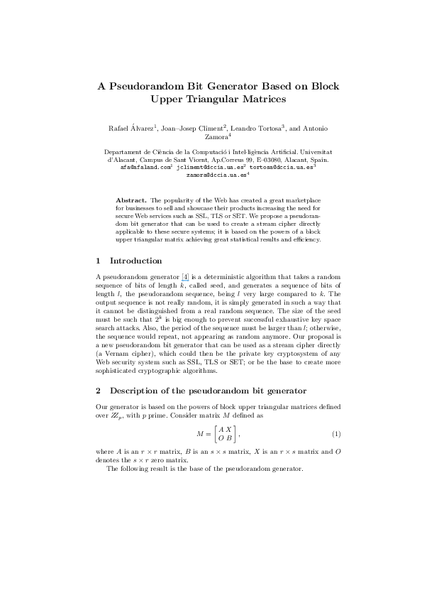 Pdf A Pseudorandom Bit Generator Based On Block Upper Triangular Matrices