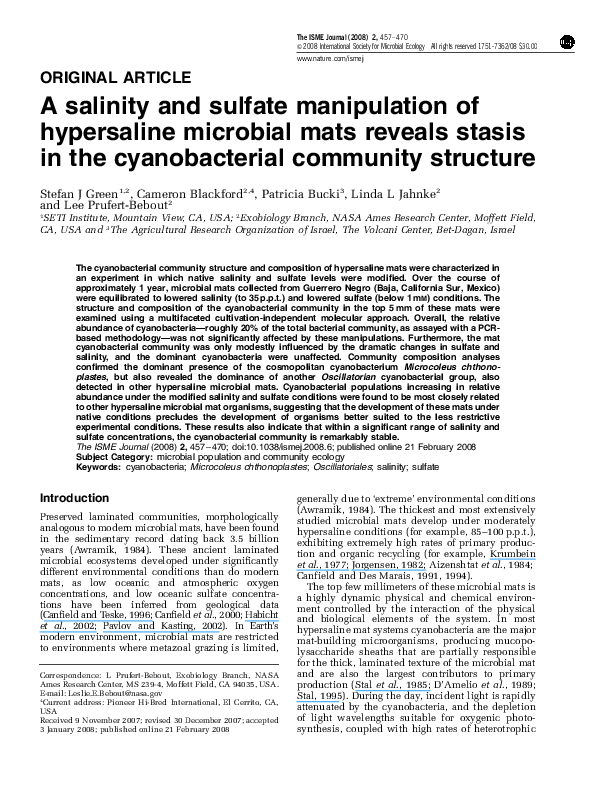 (PDF) A salinity and sulfate manipulation of hypersaline microbial mats reveals stasis in the ...