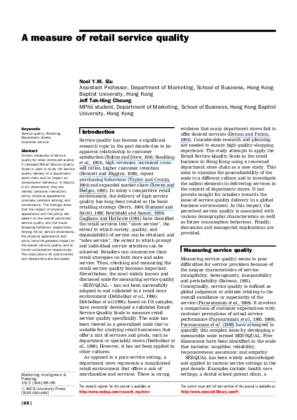 (PDF) A measure of retail service quality