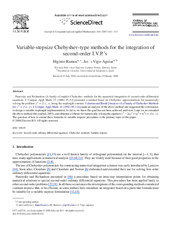 Pdf Variable Stepsize Chebyshev Type Methods For The Integration Of 8472