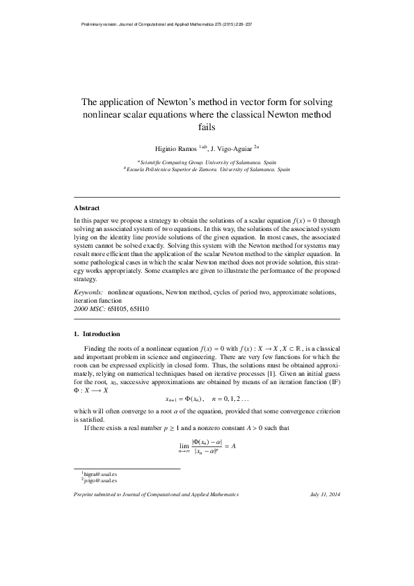 Pdf The Application Of Newton S Method In Vector Form For Solving Nonlinear Scalar Equations
