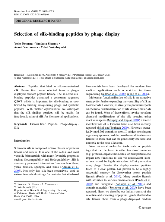 Pdf Selection Of Silk Binding Peptides By Phage Display