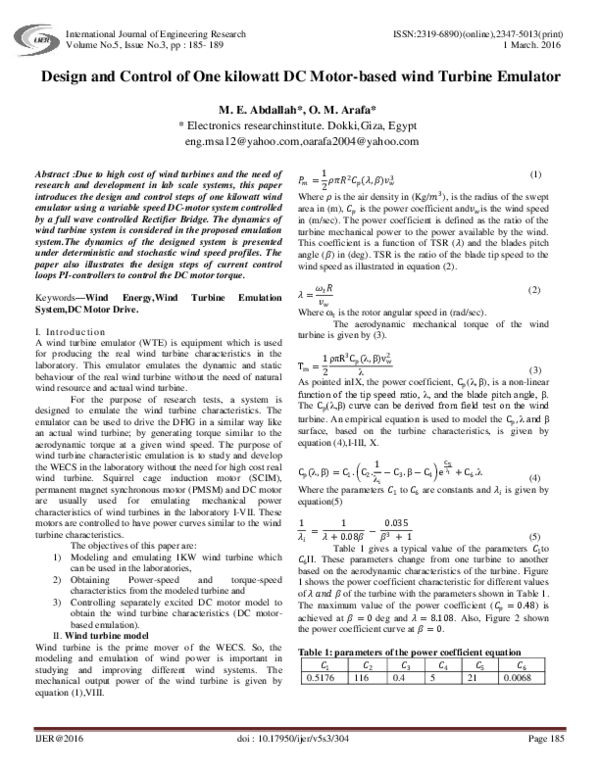 (PDF) Design and Control of One kilowatt DC Motor-based wind Turbine Emulator