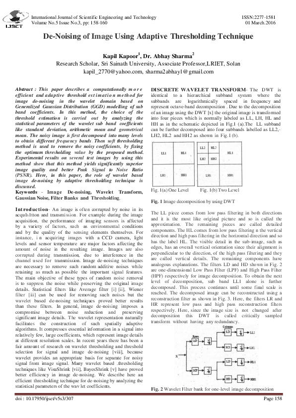 (PDF) De-Noising of Image Using Adaptive Thresholding Technique