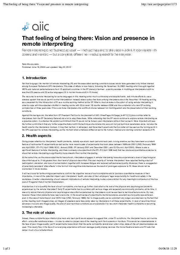 (PDF) That feeling of being there: Vision and presence in remote ...