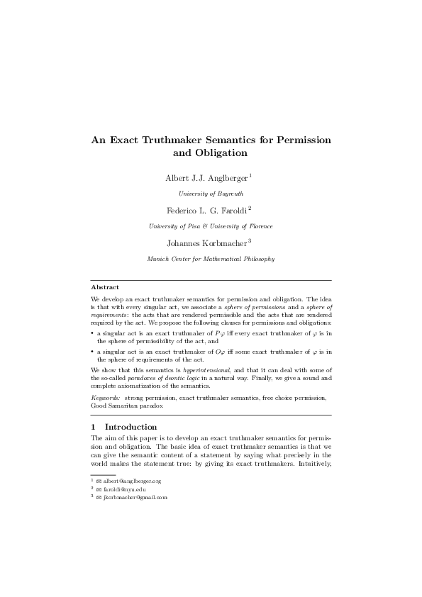 (PDF) An Exact Truthmaker Semantics for Explicit Permission and Obligation