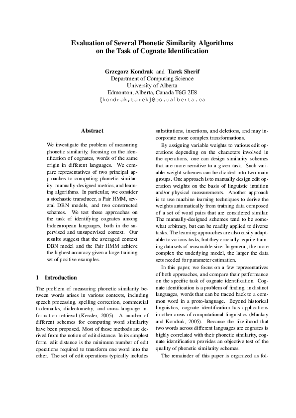 (PDF) Evaluation of several phonetic similarity algorithms on the task of cognate identification