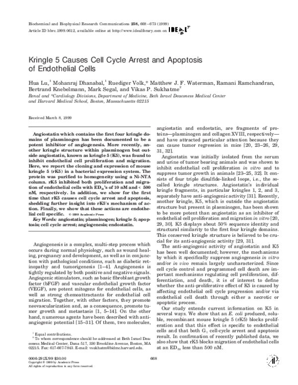 (PDF) Kringle 5 Causes Cell Cycle Arrest and Apoptosis of Endothelial Cells