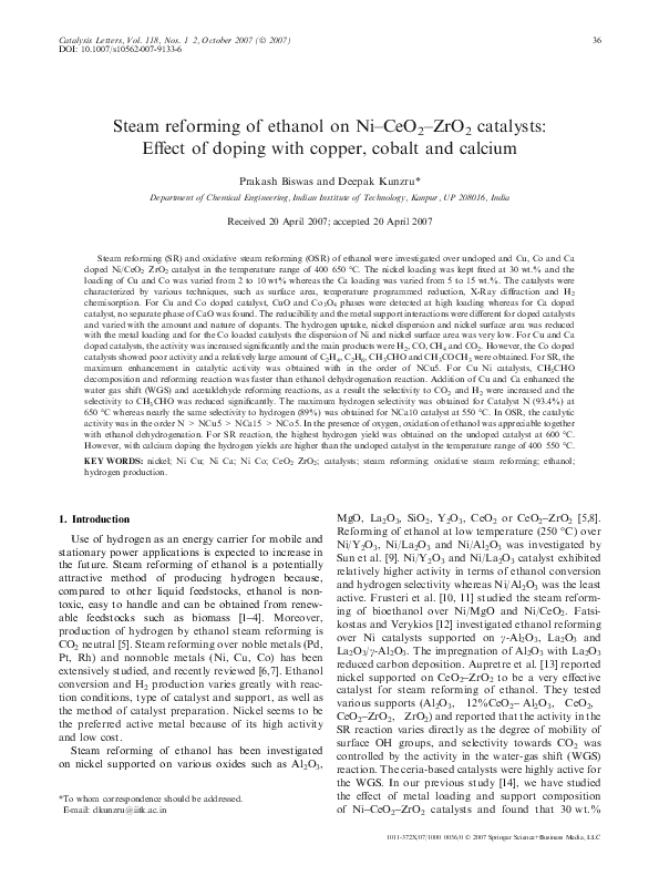 (PDF) Steam reforming of ethanol on Ni–CeO2–ZrO2 catalysts: Effect of ...