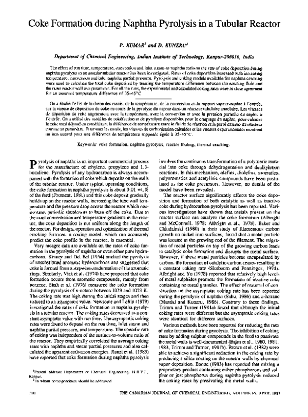 (PDF) Coke formation during naphtha pyrolysis in a tubular reactor