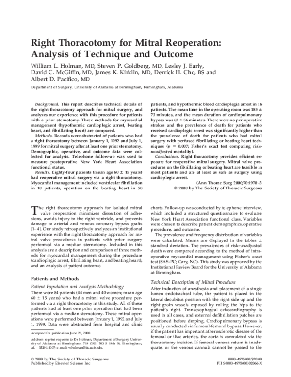 (PDF) Right Thoracotomy for Mitral Reoperation: Analysis of Technique ...