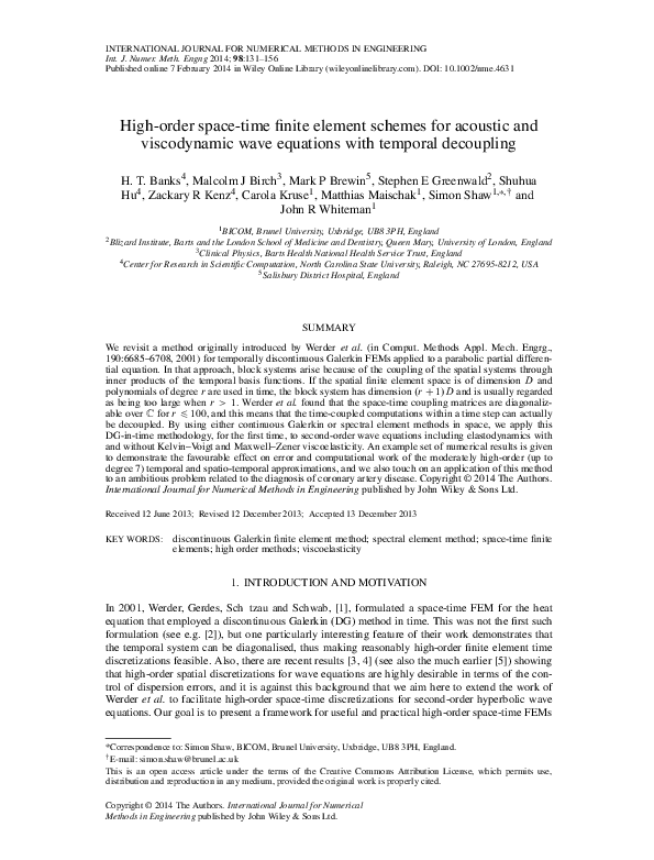 Pdf High Order Space Time Finite Element Schemes For Acoustic And Viscodynamic Wave Equations