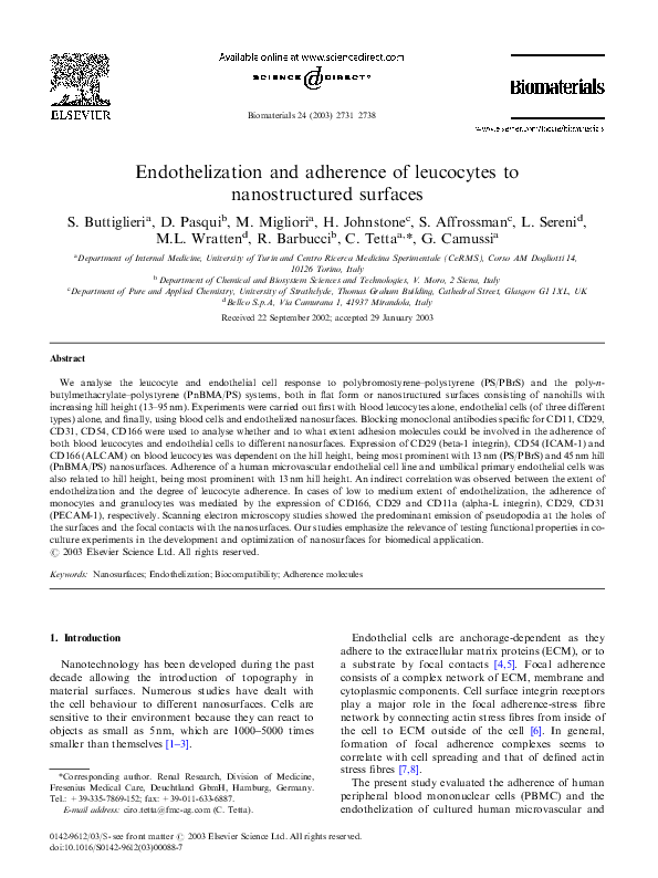 (PDF) Endothelization and adherence of leucocytes to nanostructured ...